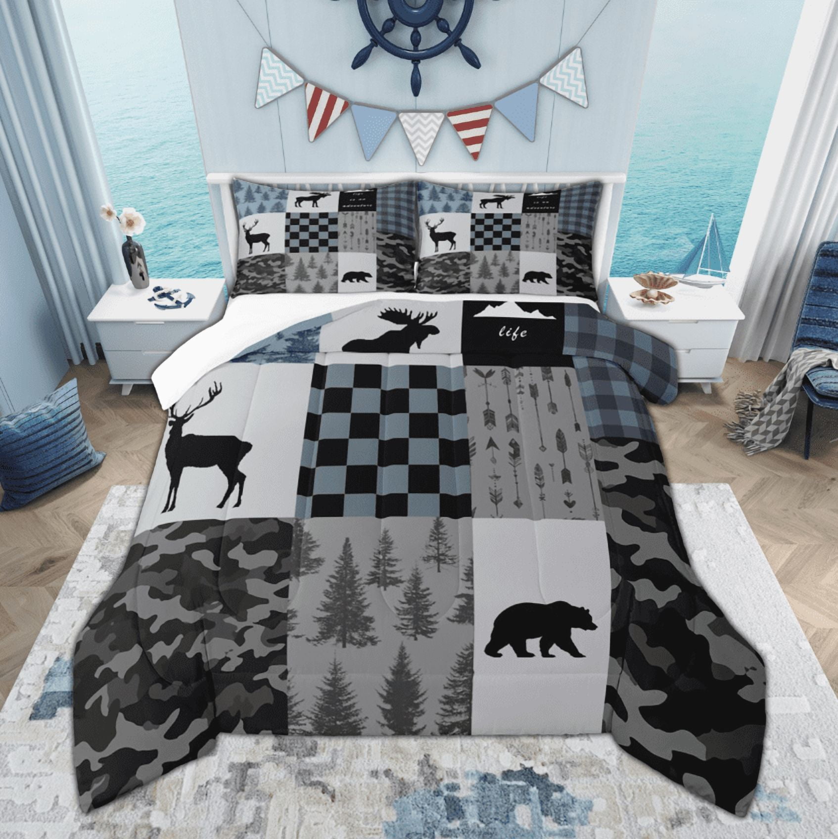 Manfei Hunting Moose Bear Full Size Comforter Sets, Gray Black Blue ...