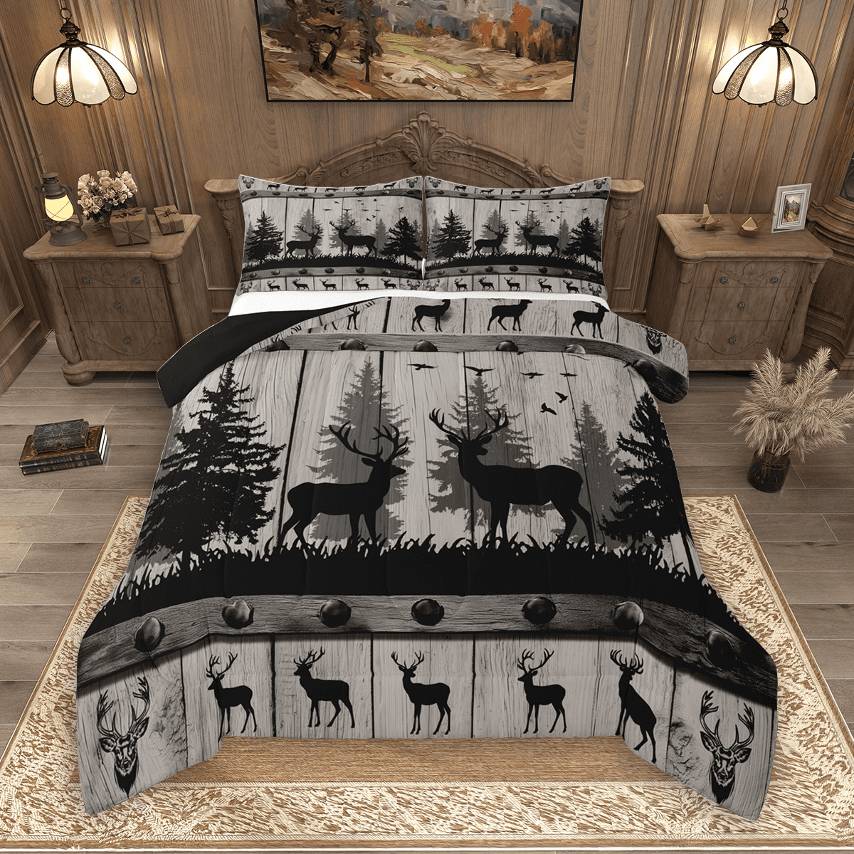 Manfei Hunting Moose Queen Comforter Set 3 Pieces, Gray Farmhouse Barn ...