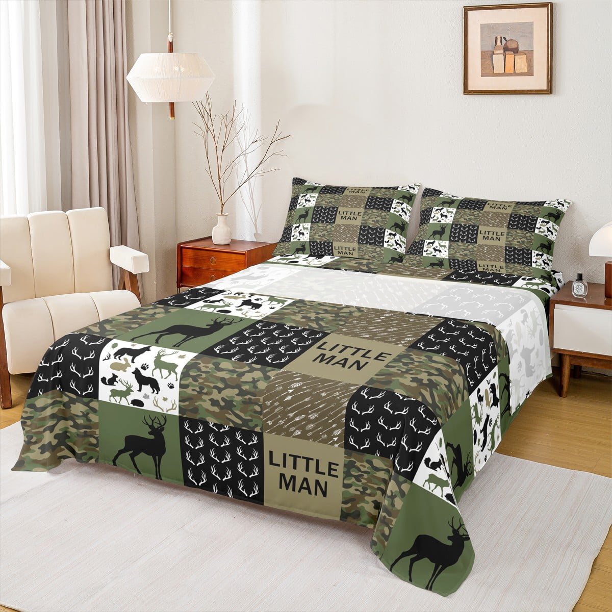 Manfei Hunting Wolf Deer Bed Sheets, Green Camouflage Plaid King Sheets ...