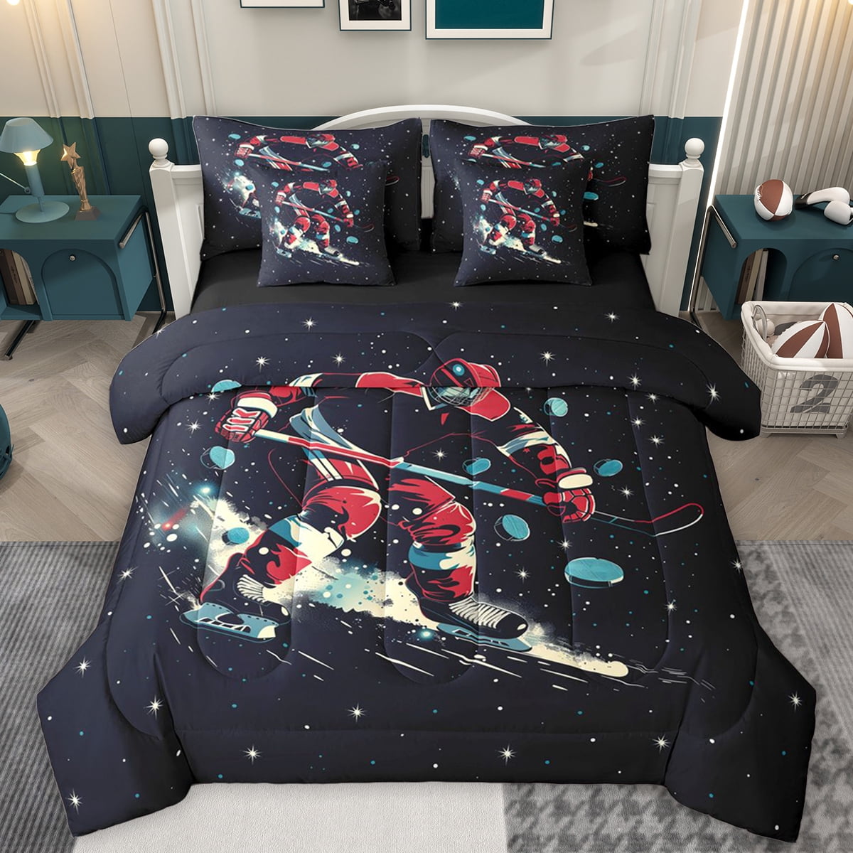 Manfei Ice Hockey Athlete Bedding Comforter Set 7pcs for Kids, Glitter ...