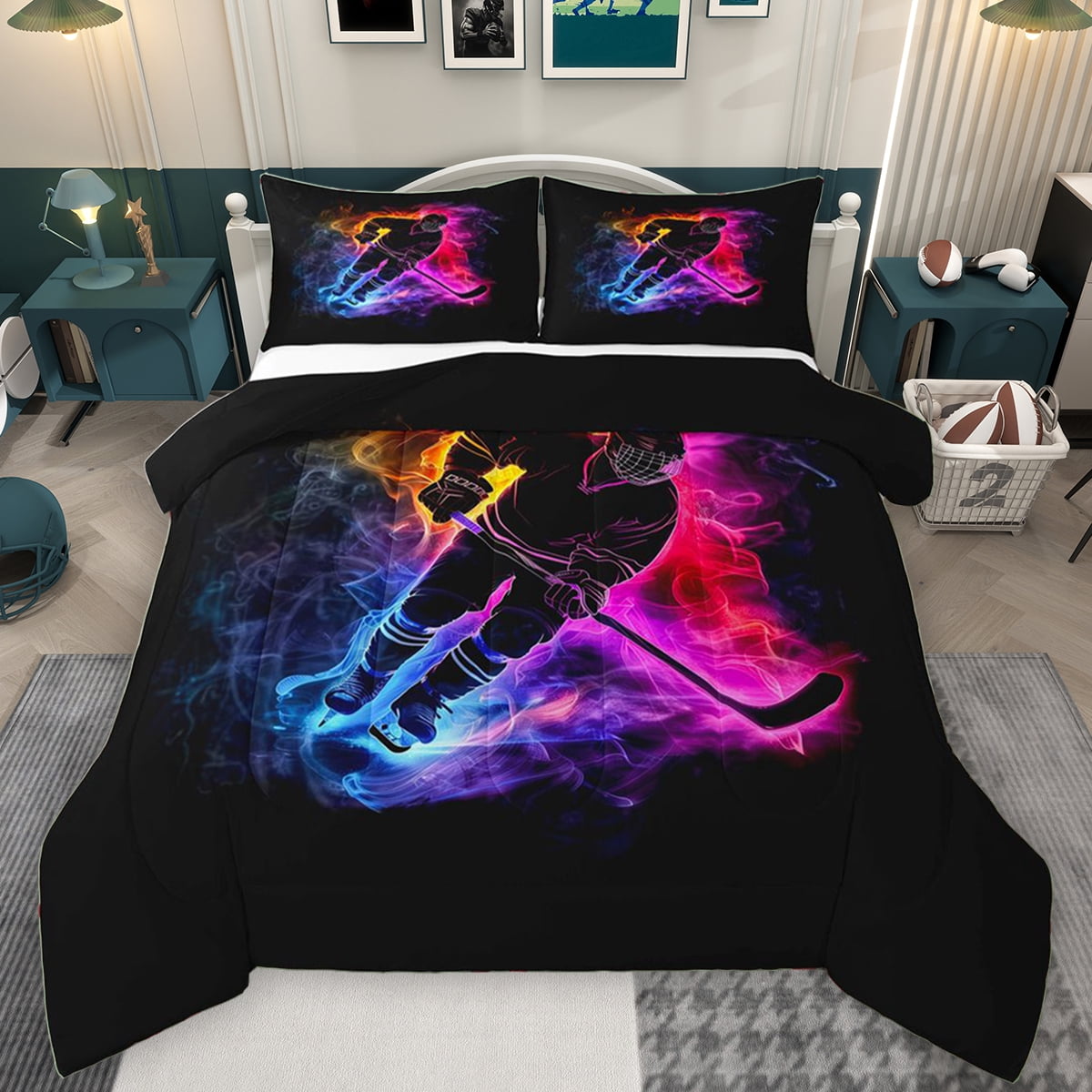 Manfei Ice Hockey Athlete Full Size Comforter Sets for Kids, Modern ...
