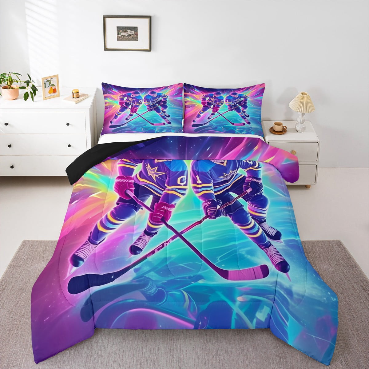 Manfei Ice Hockey Bedding Comforter Set for Kids, American Sports Twin ...