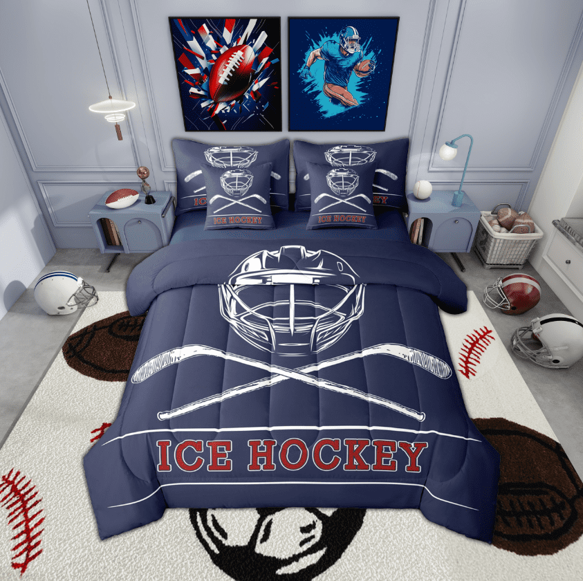 Manfei 7-Piece King Bedding Set with Ice Hockey Helmet and Sport Red ...