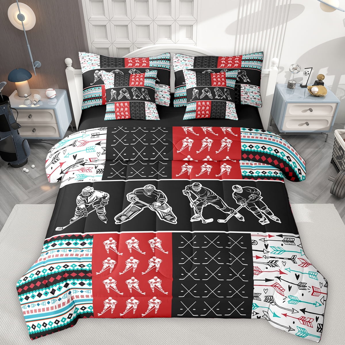 Manfei Ice Hockey Sport 7 Pieces Bedding Comforter Set,Ball Gamer ...