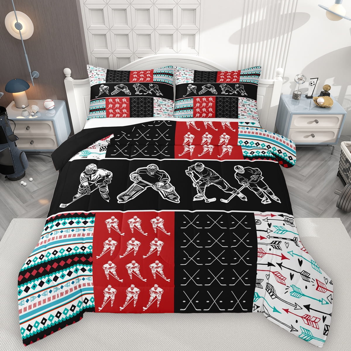 Manfei Ice Hockey Sport Queen Comforter Set,Ball Gamer Gaming Bedding ...