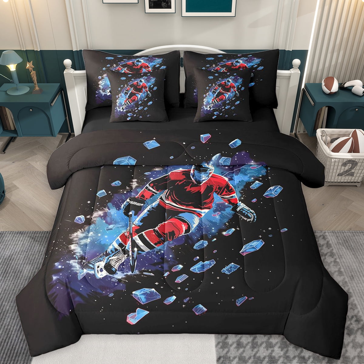Manfei Ice Hockey Sports Bedding Comforter Set 7pcs, Art Watercolor ...