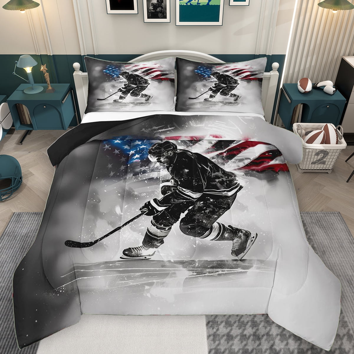 Manfei Ice Hockey Sports Queen Comforter Set, Grey American Flag ...
