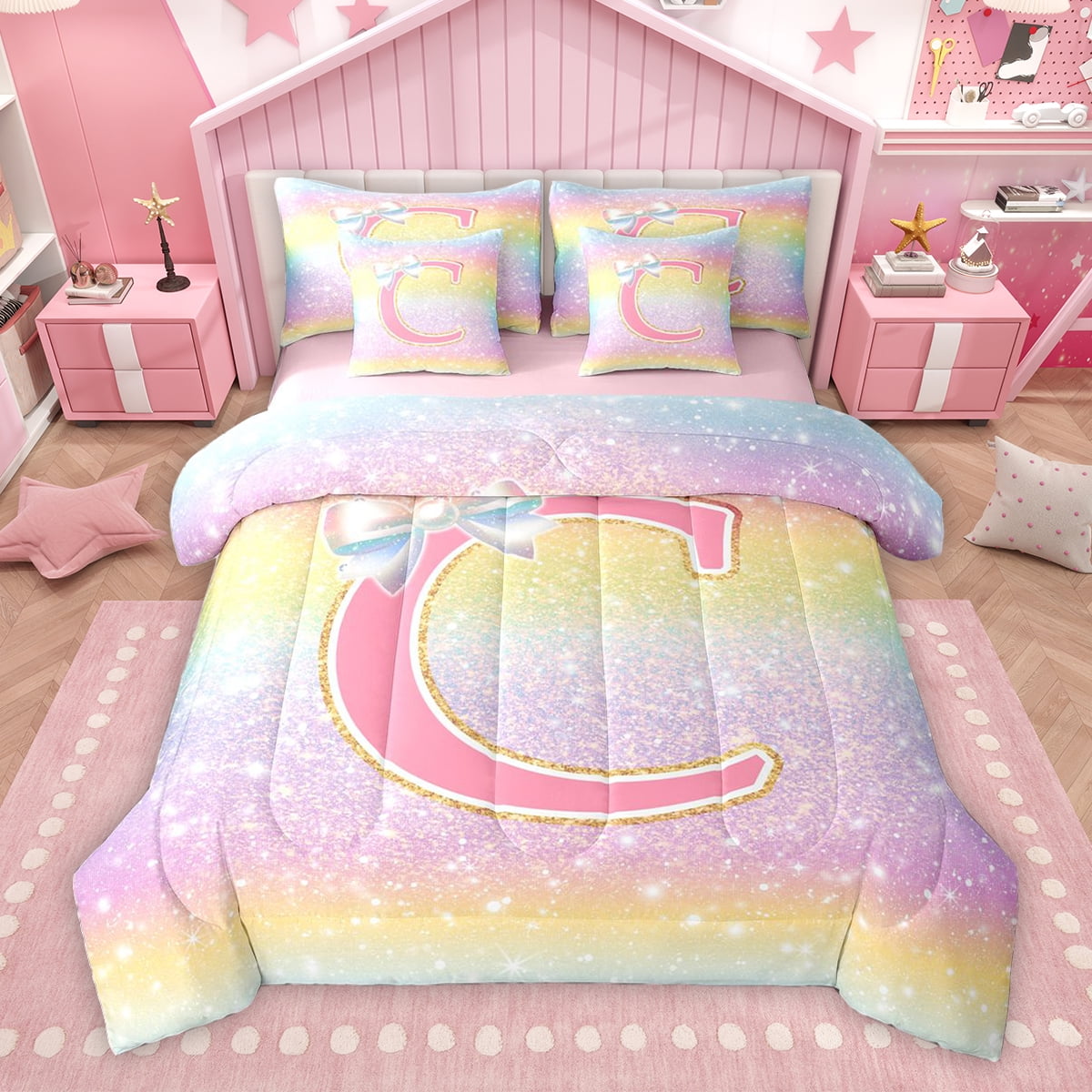 Homewish Initial C Letter Twin Bedding Sets 7-Piece for Girls, Dreamy ...
