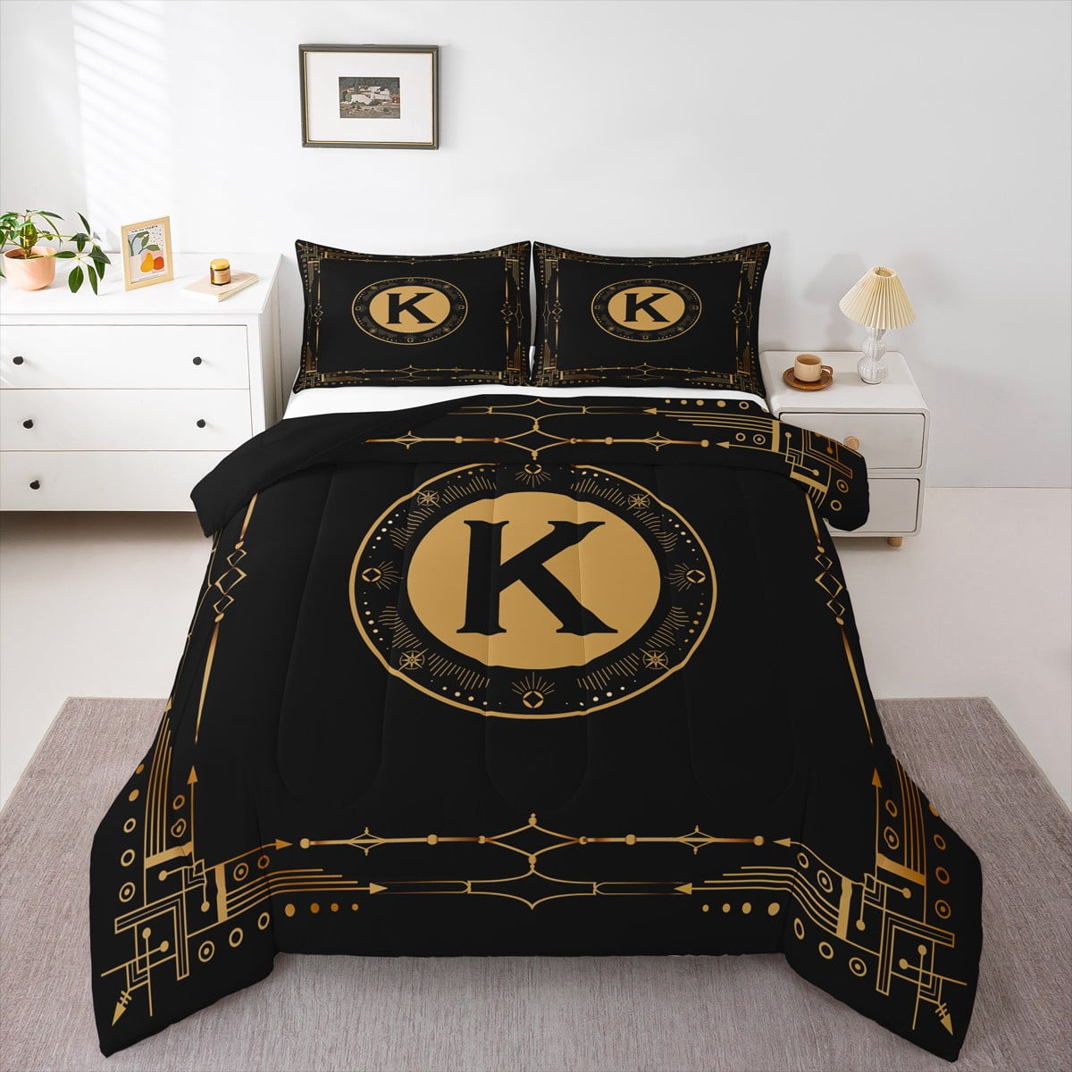 Manfei Initial Letter K Queen Comforter Set,Vintage bohemian Style ...