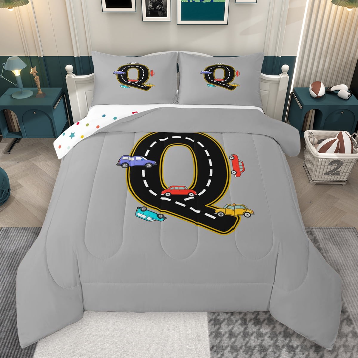 Manfei Initial Letter Q Bedding Comforter Set,Kawaii Vehicle Car Twin ...