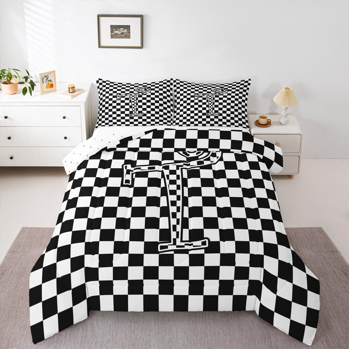 Manfei Initial Letter T King Size Comforter Sets,Abstract Geometry Grid ...