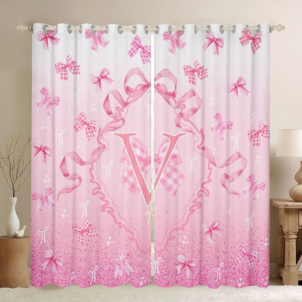 Manfei Initial V Letter Black Out Curtains for Girls, Kawaii Pink Bow ...