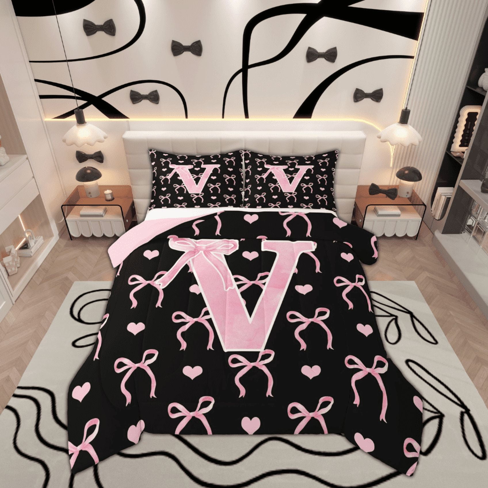 Feelyou Initial V Letter Full Size Comforter Sets, Kawaii Ribbon Bow ...