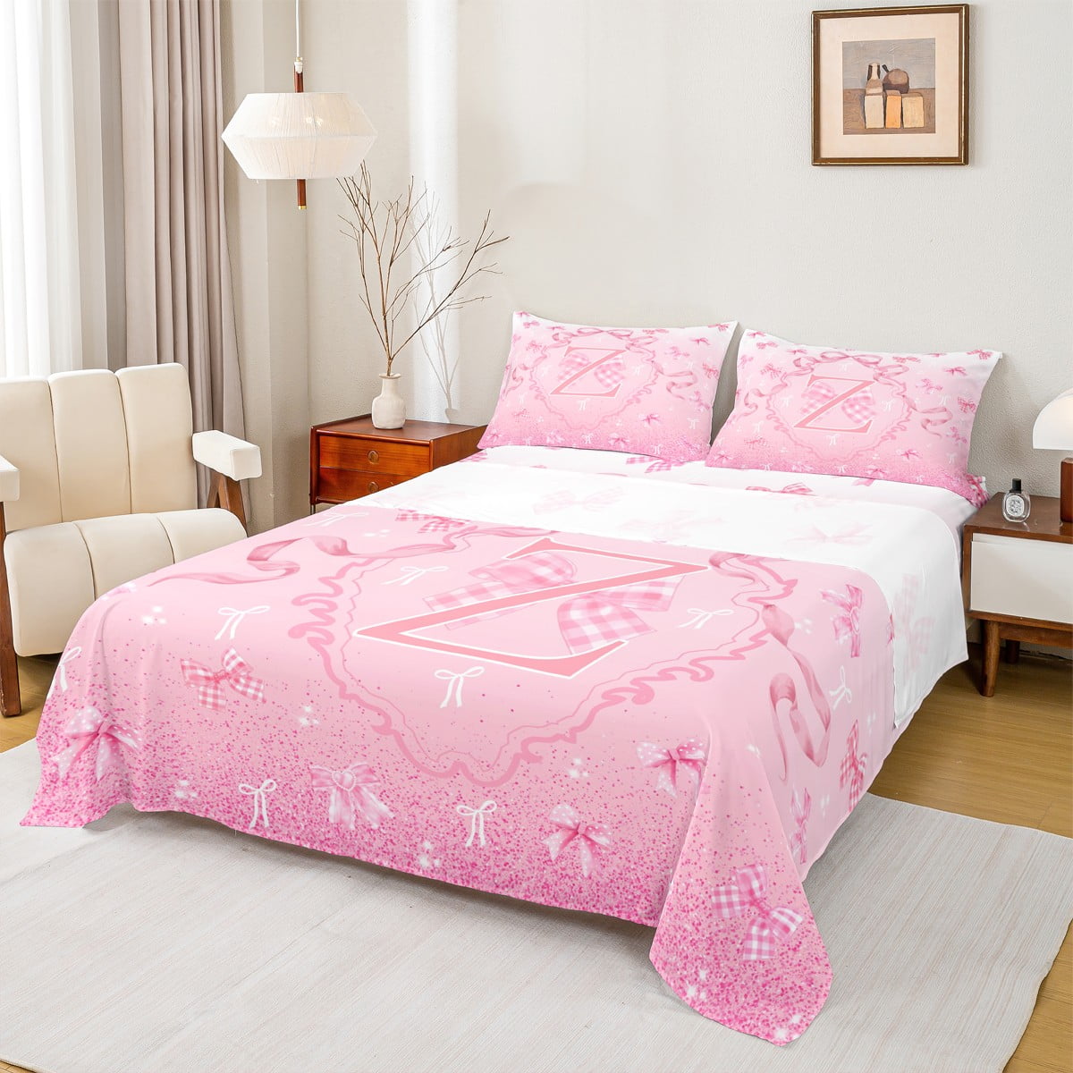 Manfei Initial Z Letter Queen Sheet Sets for Girls, Kawaii Pink Bow-tie ...