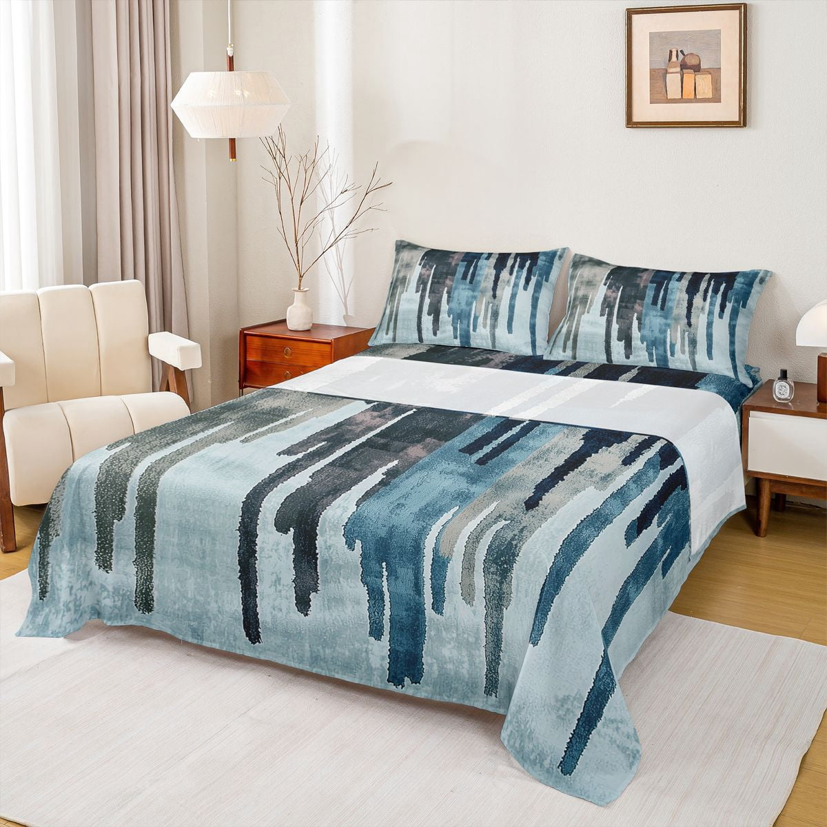 Manfei Ink Painting Art Bed Sheets,Abstract Aesthetic King Sheets,Teal ...