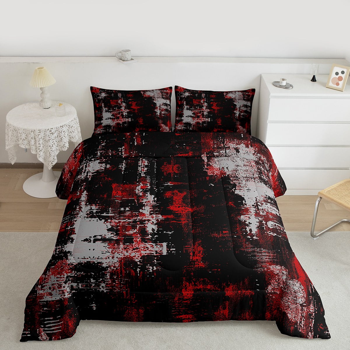 Manfei Ink Painting Full Size Comforter Sets,Modern Abstract Art Bedding Comforter Set,Red Gray ...