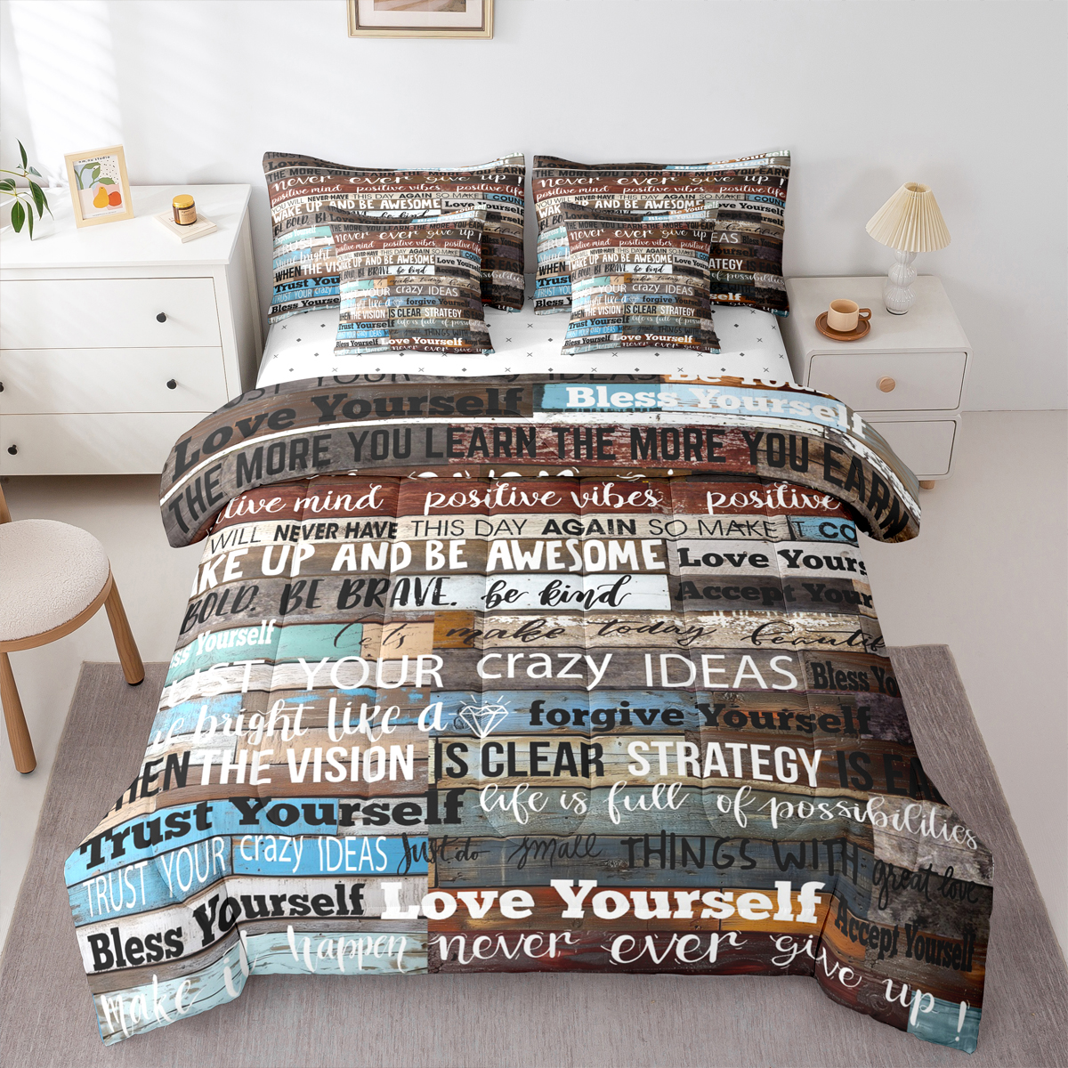 Manfei Inspirational Quotes 7-Piece Bedding Comforter Set,Wood Stripes ...
