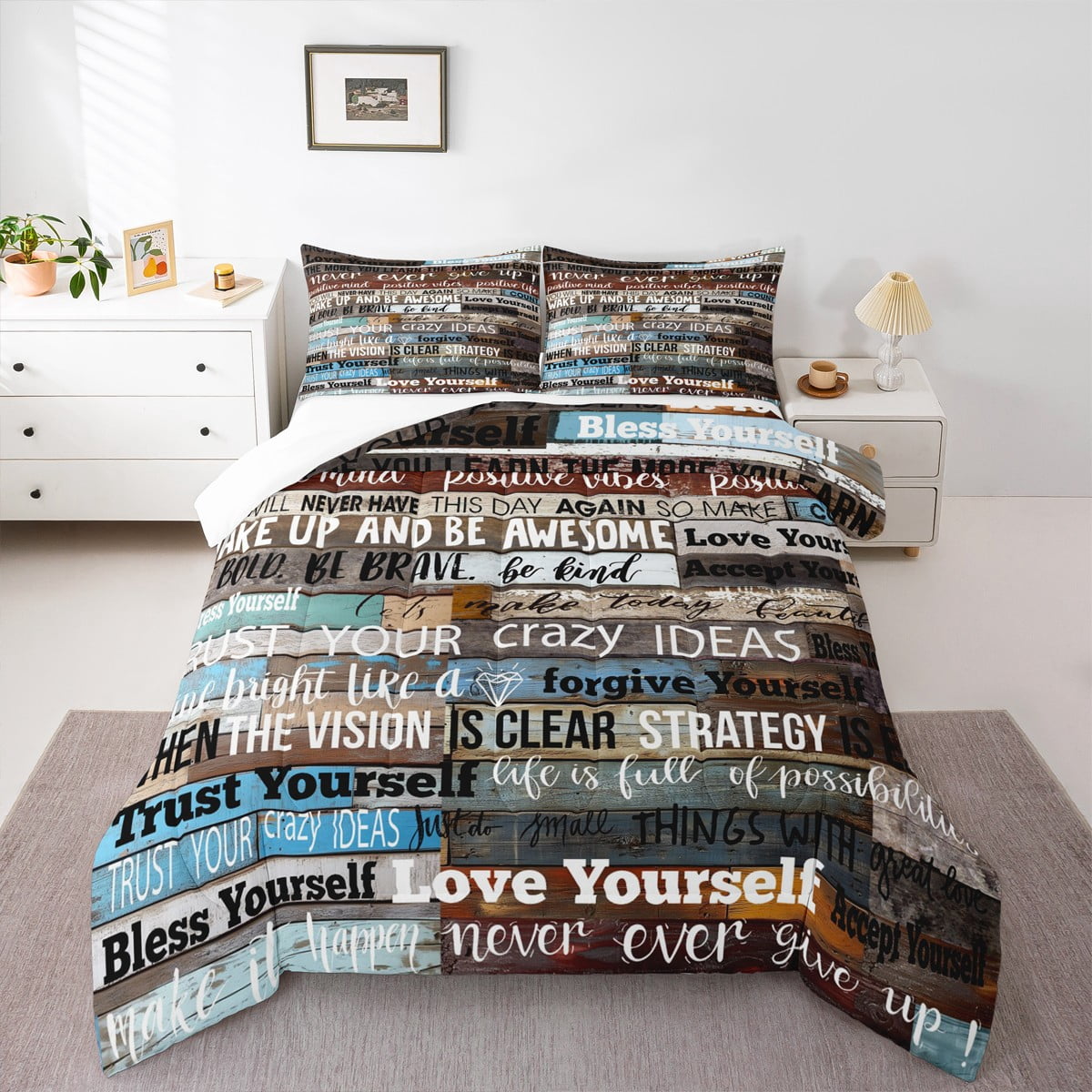 Manfei Inspirational Quotes Bedding Comforter Set,Wood Stripes Twin ...