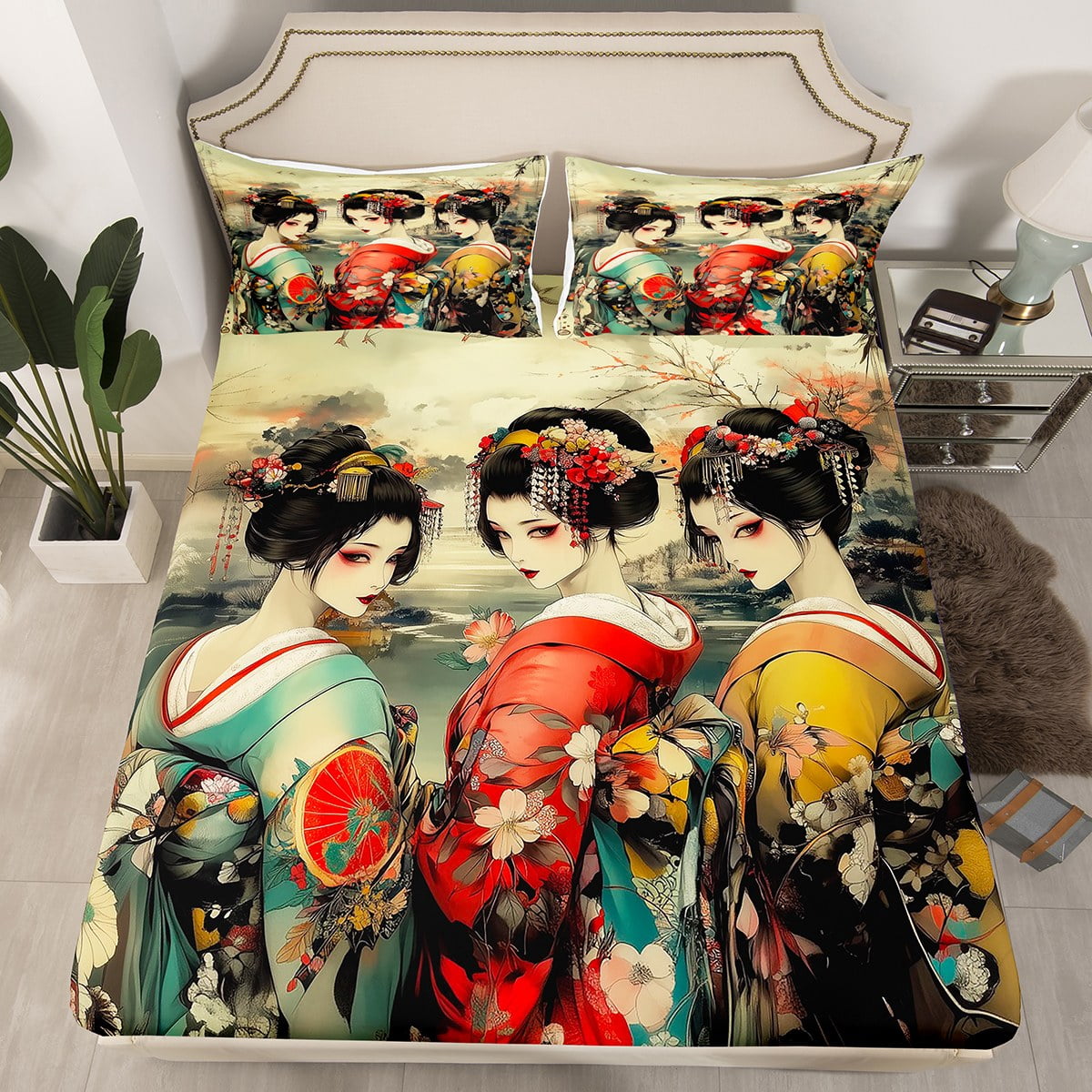 Manfei Japanese Geisha 4-Piece Full Size Sheets,Chic Flower Bed Sheets ...