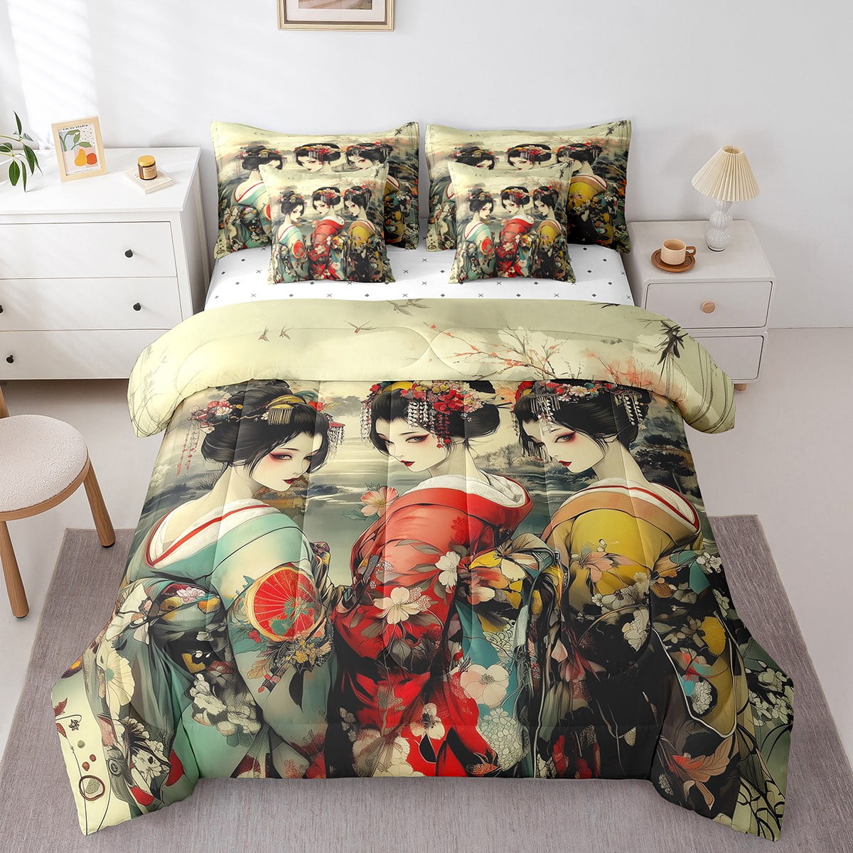 Manfei Japanese Geisha 7-Piece Bedding Comforter Set,Chic Flower King ...