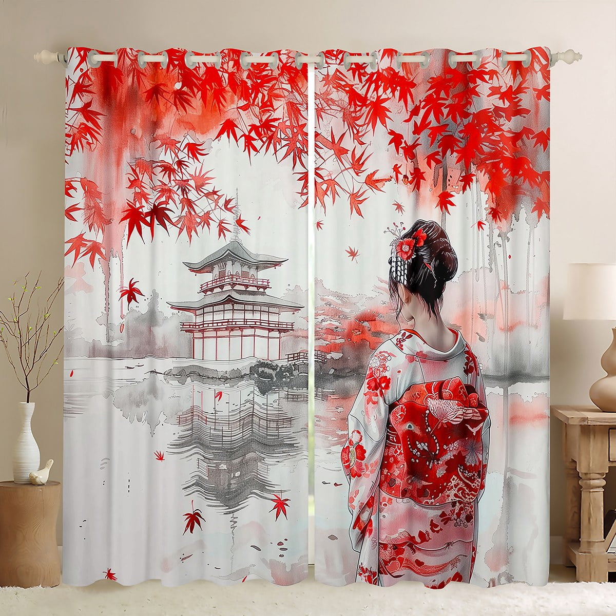 Manfei Japanese Geisha Black Out Curtains for Girls, Traditional ...