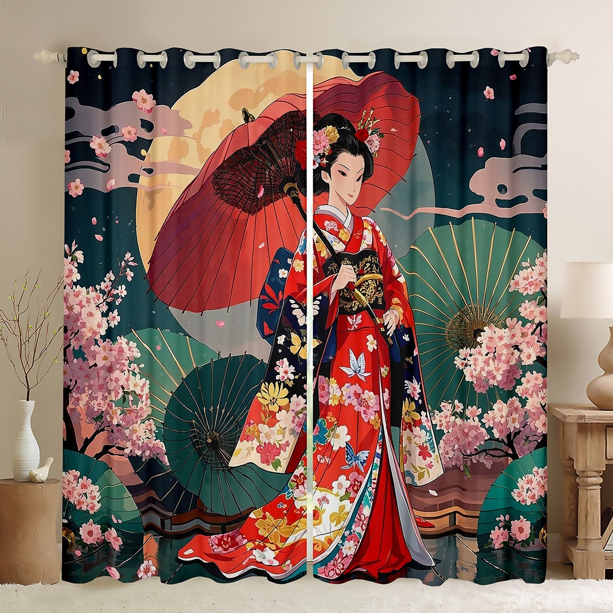 Manfei Japanese Geisha Blackout Curtains Set of 2 (52x84 Each),Cherry ...