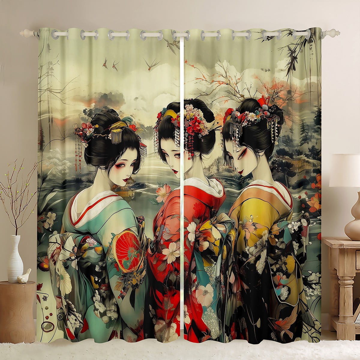 Manfei Japanese Geisha Blackout Curtains Set of 2 (52x84 Each),Chic ...