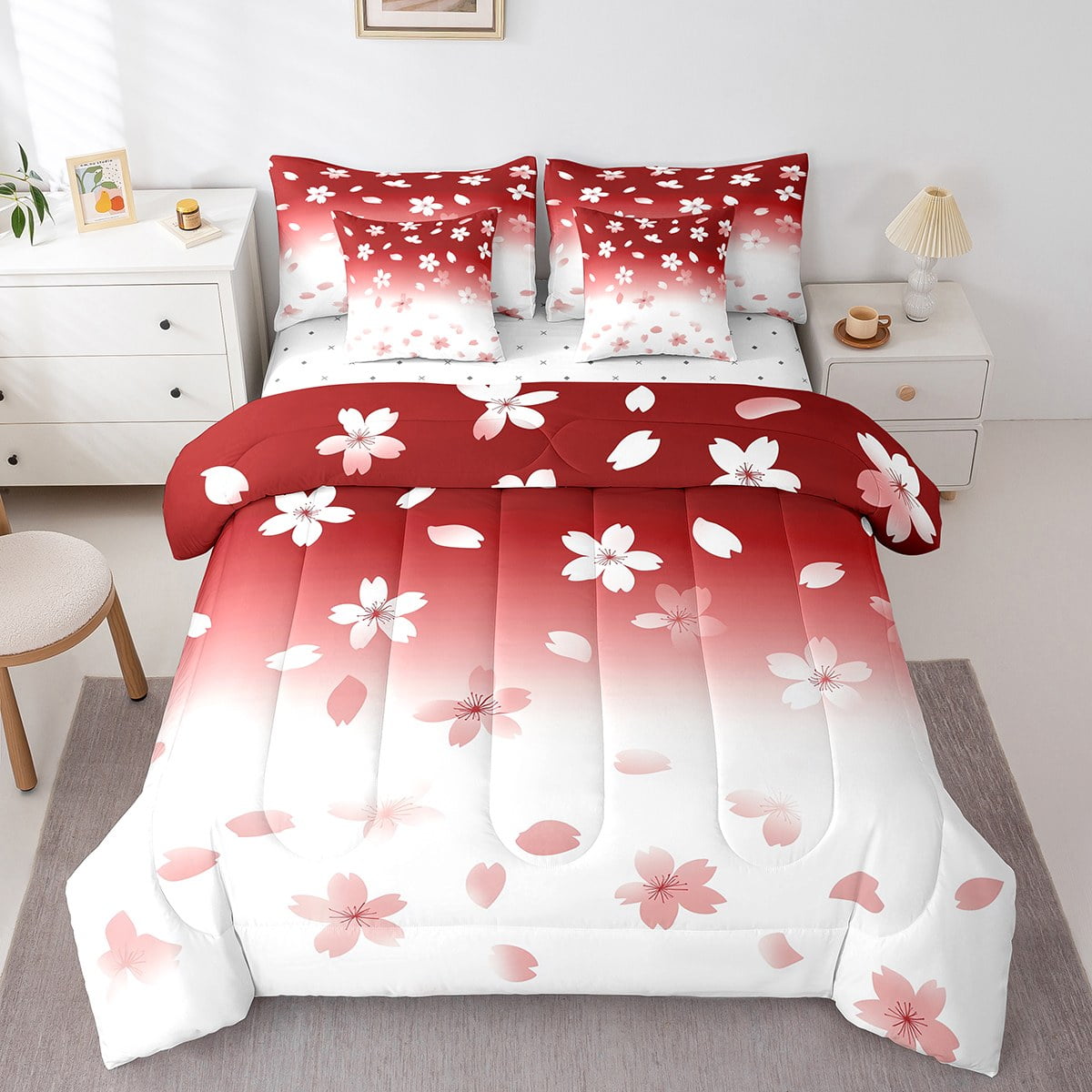 Manfei Japanese Sakura 7pcs Bedding Comforter Set,Red Flower Queen ...