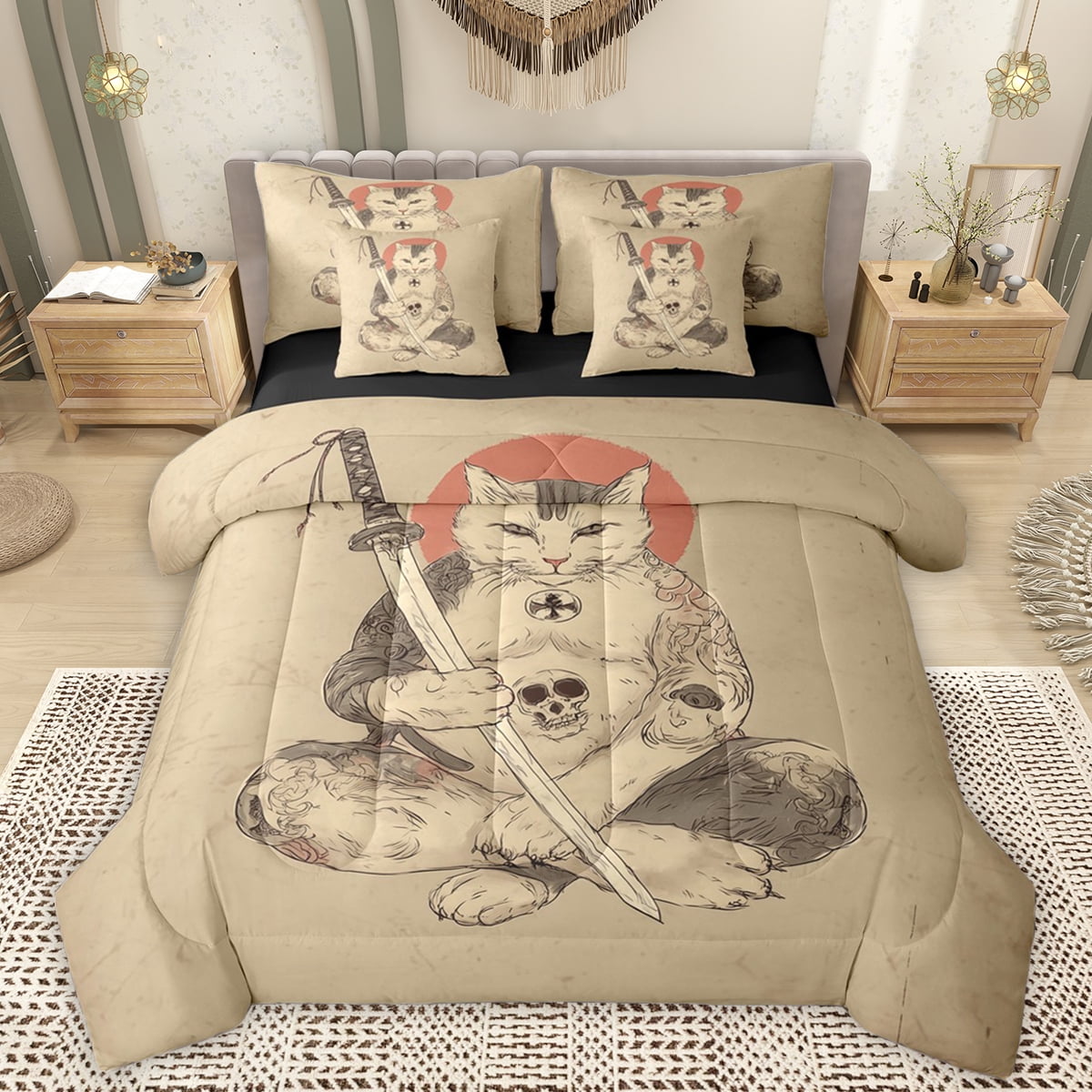 Manfei Japanese Samurai 7-Piece Twin Bedding Sets,Boho Exotic Kitten ...