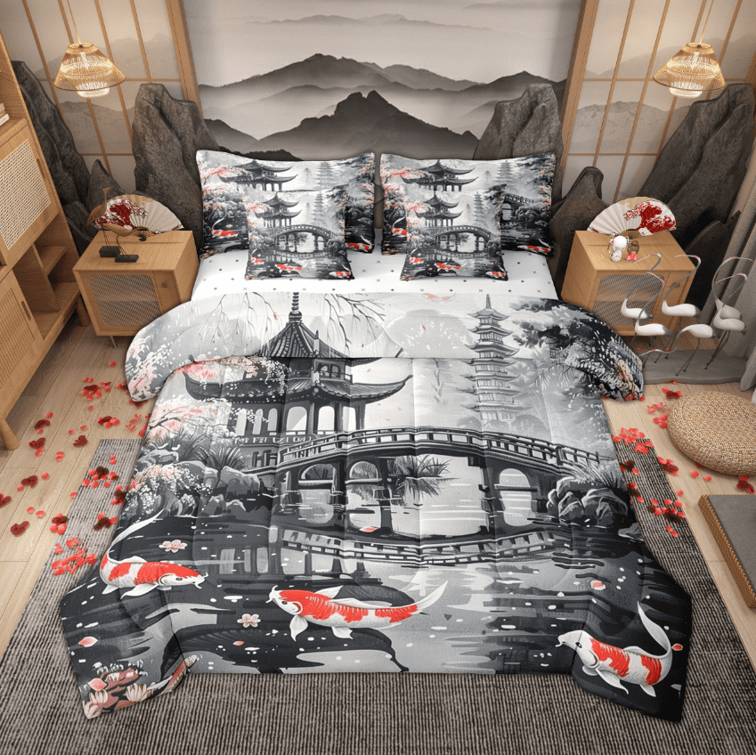 Manfei Japanese Style Bedding Comforter Set 7pcs, Oriental Koi Fish ...