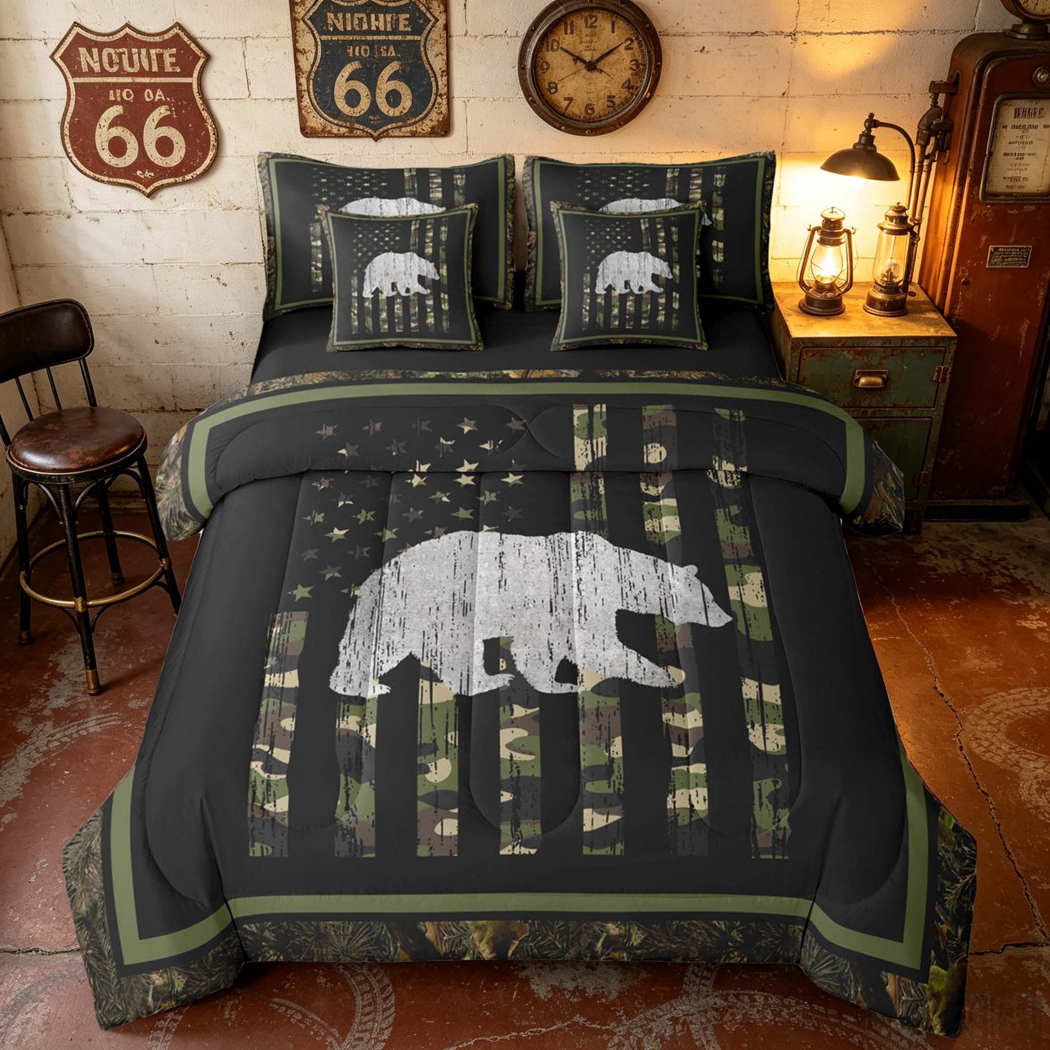 Manfei Jungle Bear King Bedding, Retro US Flag King Bed in a Bag, Green ...