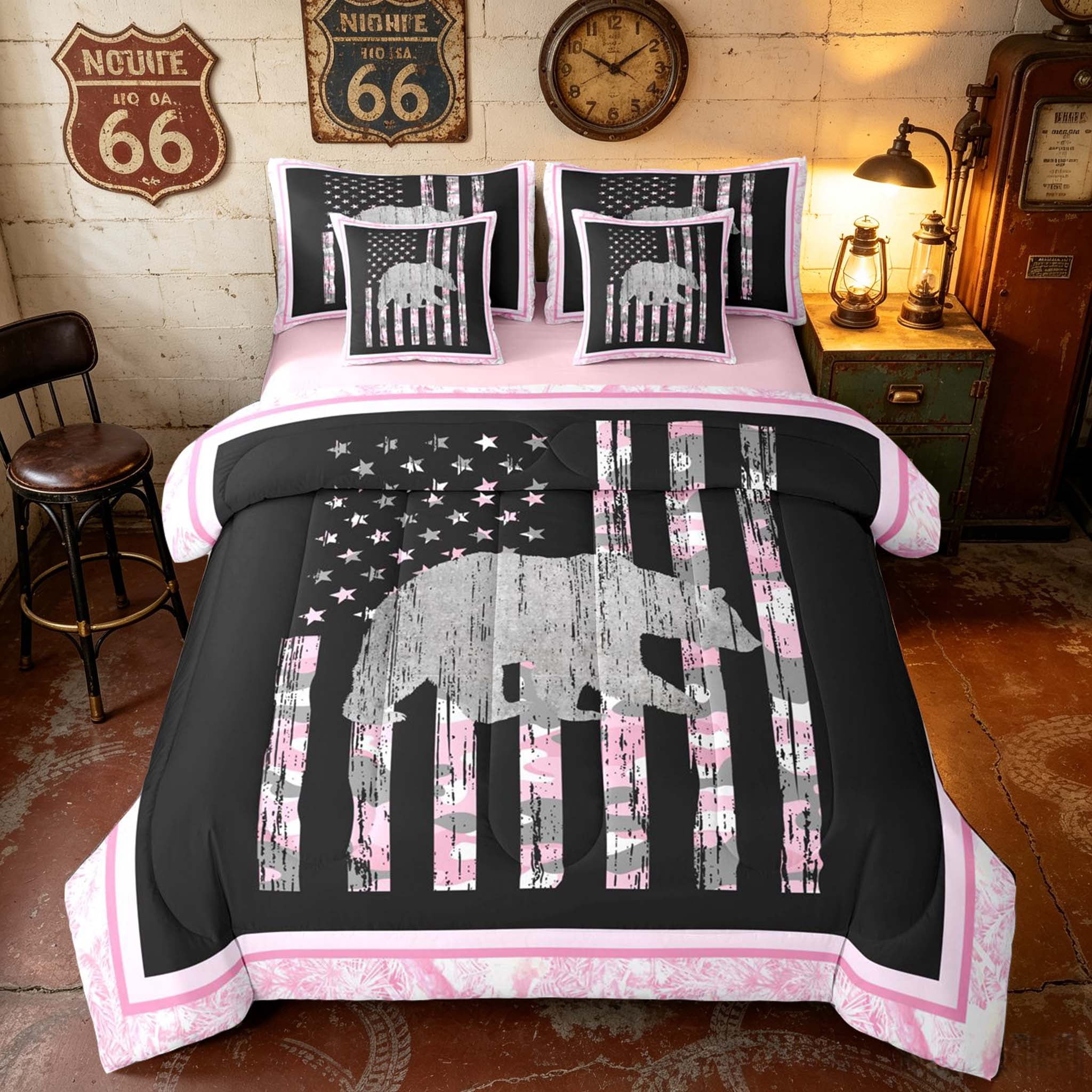 Manfei Jungle Bear King Bedding, Retro US Flag King Bed in a Bag, Pink ...