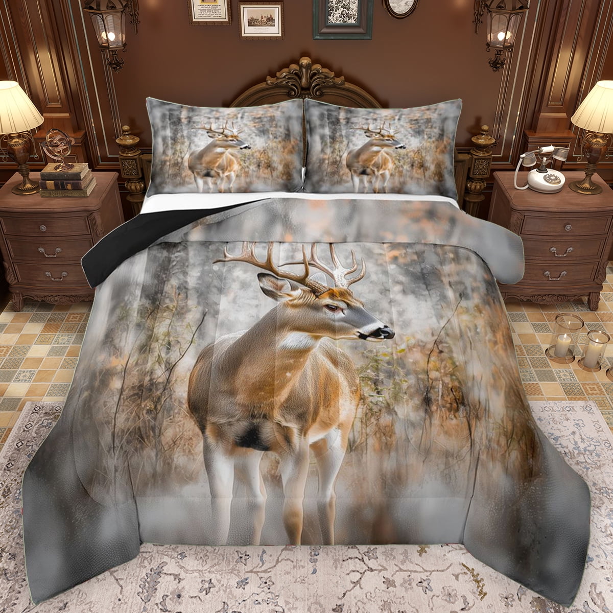 Manfei Jungle Moose Reindeer Queen Comforter Set, Rustic Farmhouse ...