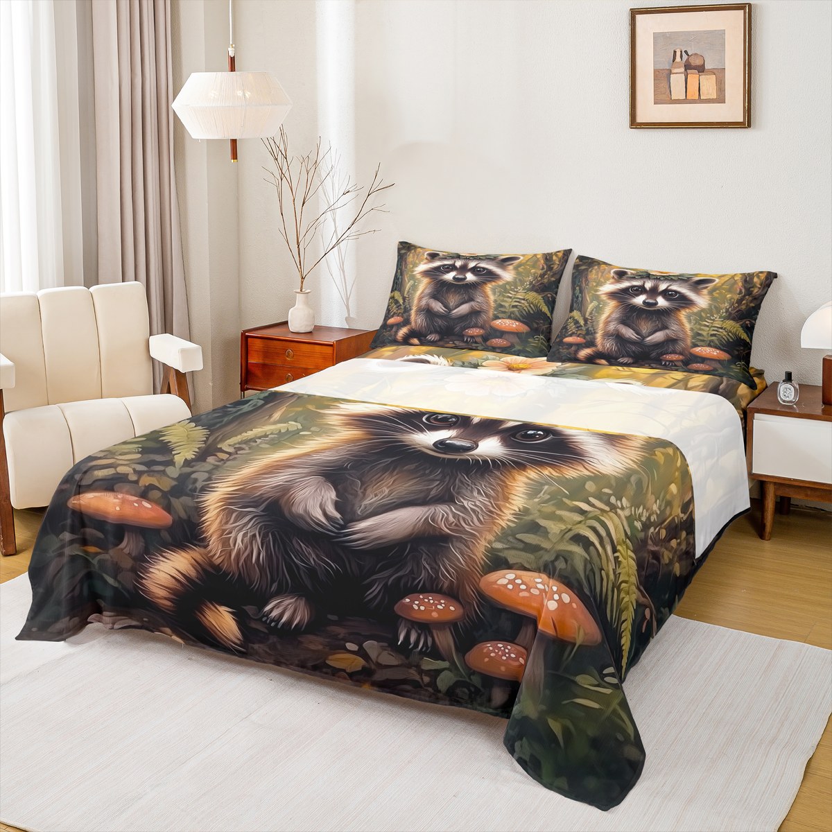 Manfei Jungle Raccoon Full Size Sheets, Mushroom Botanical Bed Sheets ...