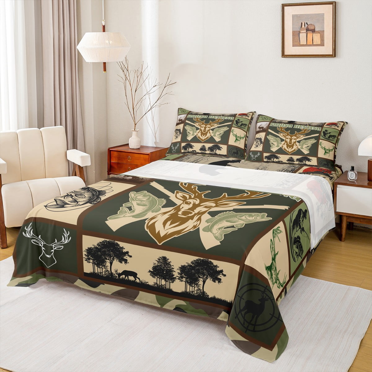 Manfei Jungle Wildlife Deer Bed Sheets,Fishing And Hunting King Sheets ...