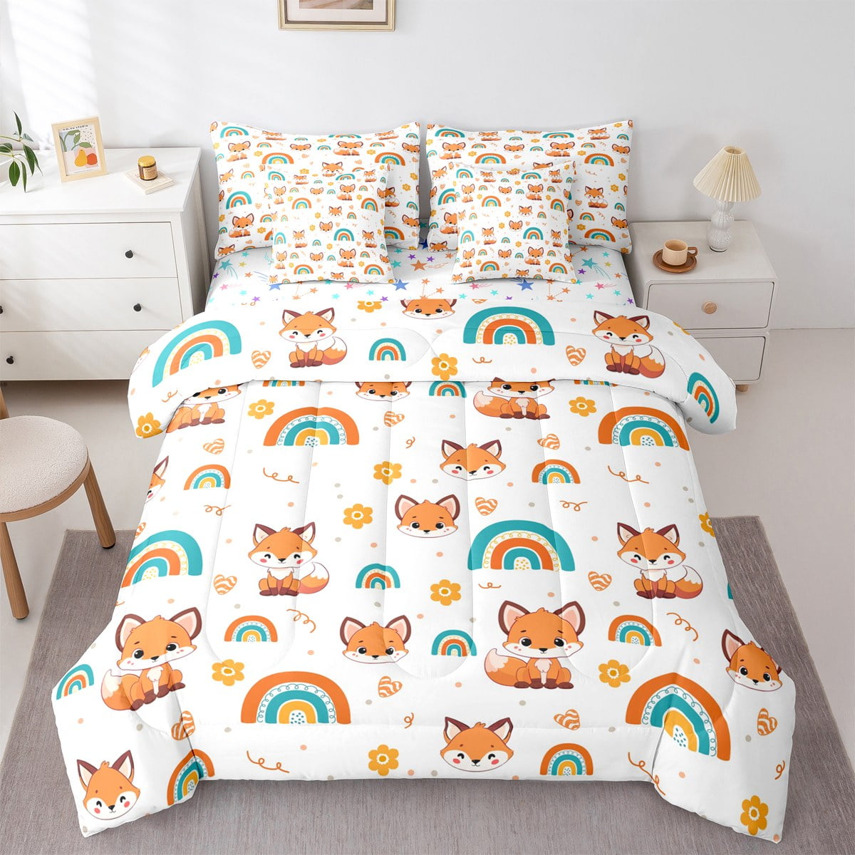 Manfei Kawaii Animal Fox Bedding Comforter Set 7 Pieces,Country Flower ...