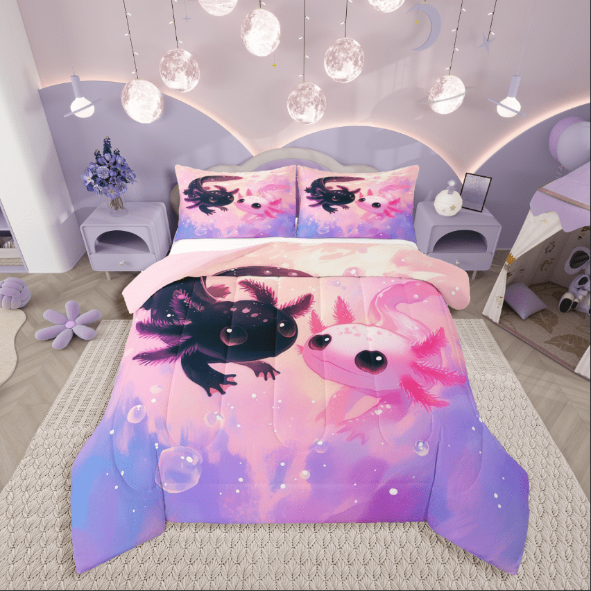 Manfei Kawaii Axolotl 3 Pieces Queen Comforter Set,Gradient Ombre Bedding Sets,Cartoon Animal ...
