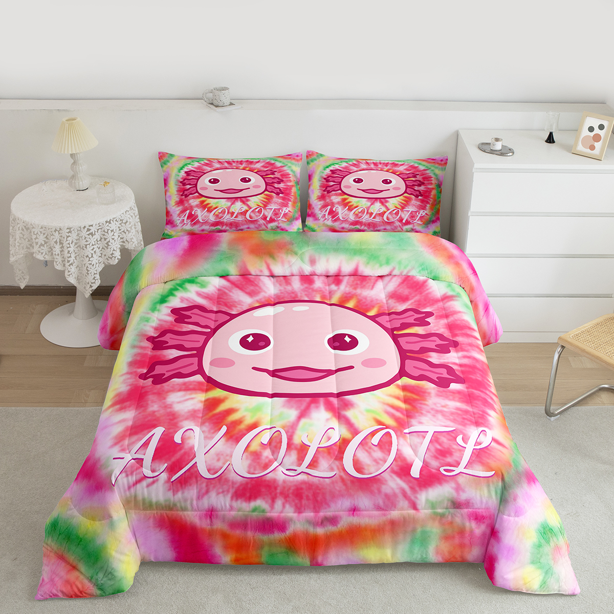 Manfei Kawaii Axolotl Animal Bedding Comforter Set for Kids, Pink Swirl ...