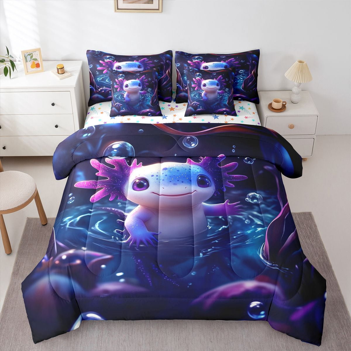 Manfei Kawaii Axolotl Bedding Comforter Set 7pcs for Teens Kids,Cartoon ...