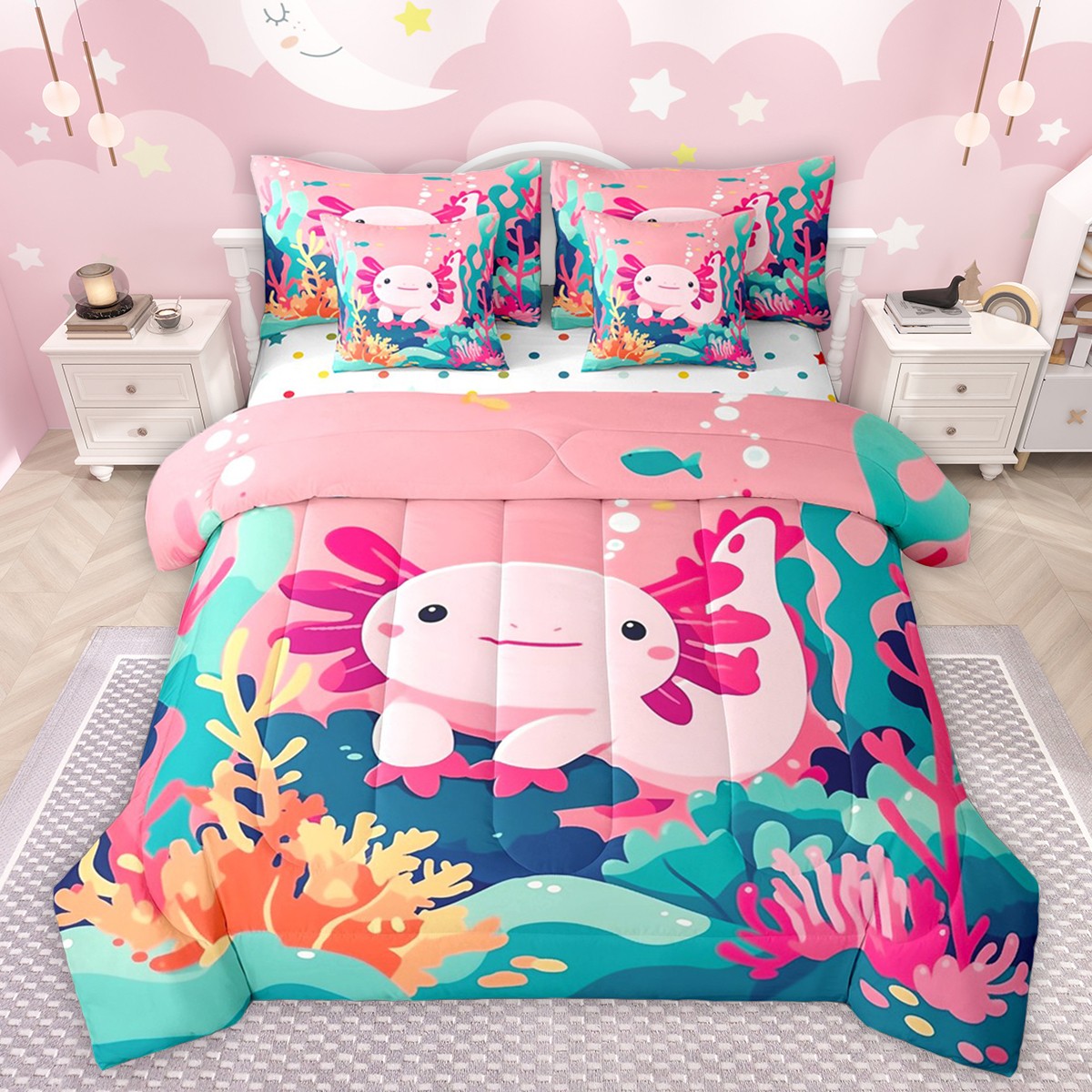Manfei Kawaii Axolotl Bedding Comforter Set 7pcs for Teens Kids,Cartoon ...