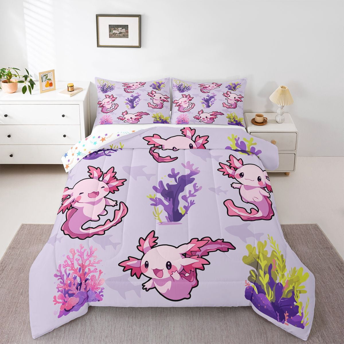 Manfei Kawaii Axolotl Full Size Comforter Sets 3-Piece for Teens Kids ...