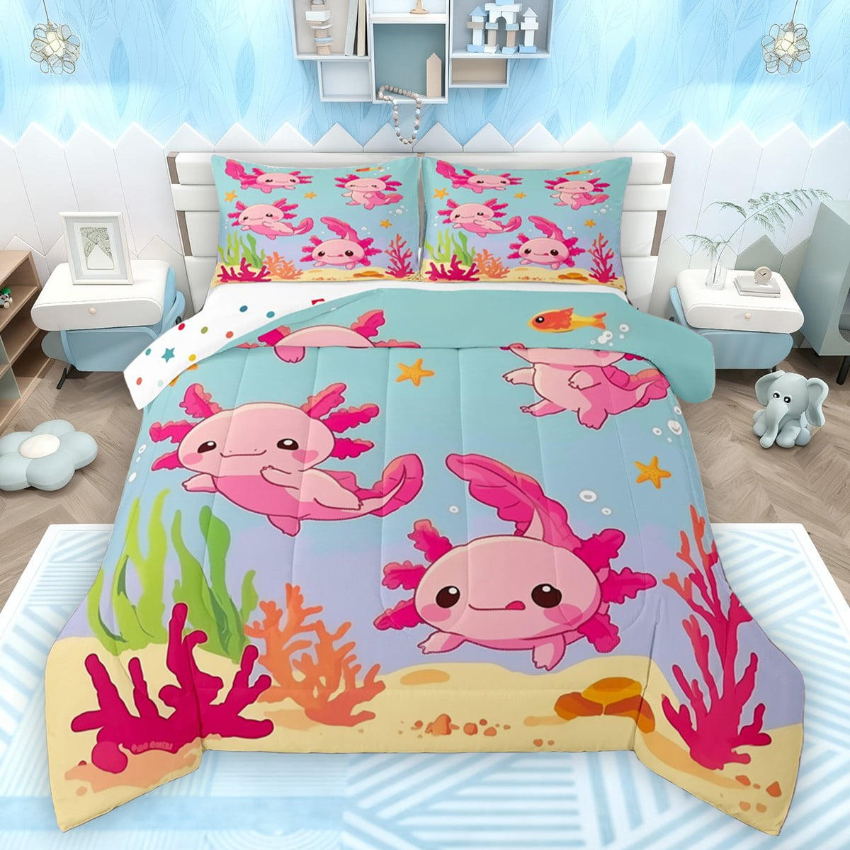Manfei Kawaii Axolotl Full Size Comforter Sets 3-Piece for Teens Kids ...