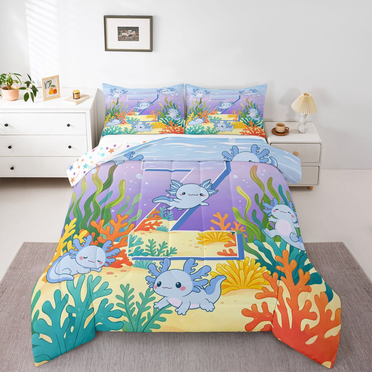 Manfei Kawaii Axolotl Queen Comforter Set,Initial Z Art Comforter Sets ...