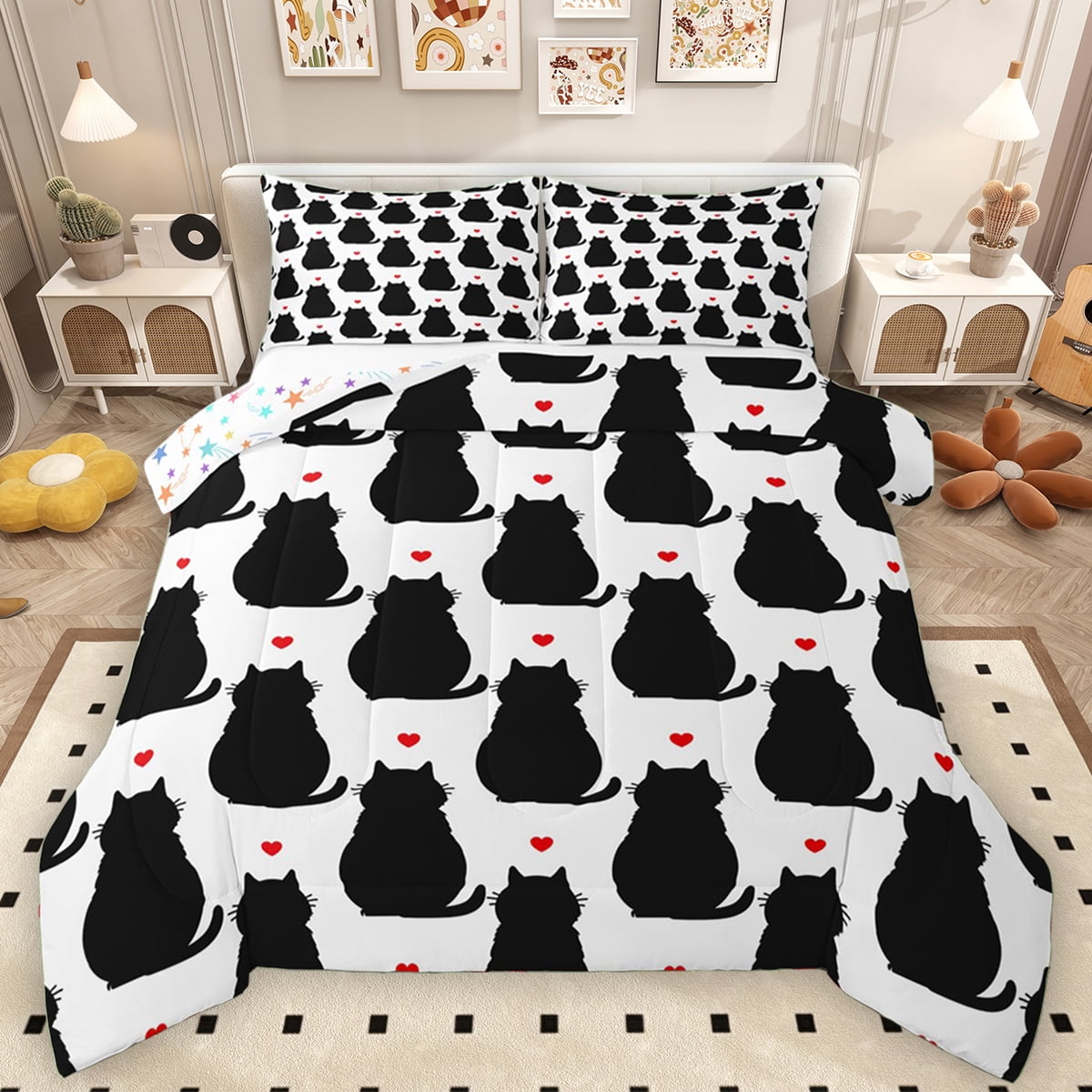 Manfei Kawaii Black Cat Bedding Comforter Set for Kids, Cartoon Love ...