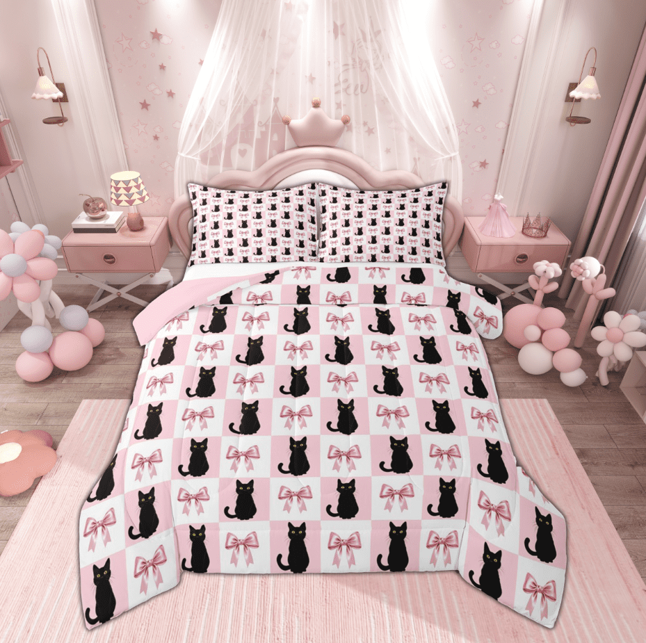 Manfei Kawaii Black Cat Queen Comforter Set for Teen, Girly Pink ...