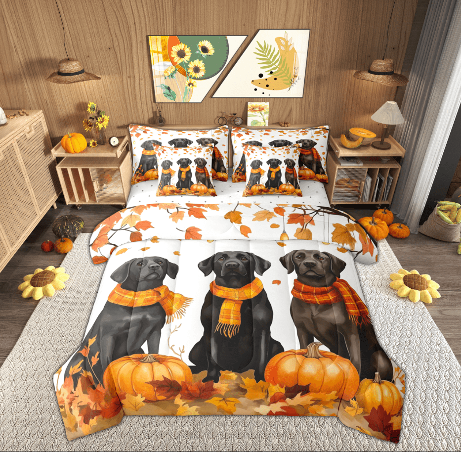 Manfei Kawaii Black Dog Bedding Comforter Set 7-Piece, Harvest Autumn ...