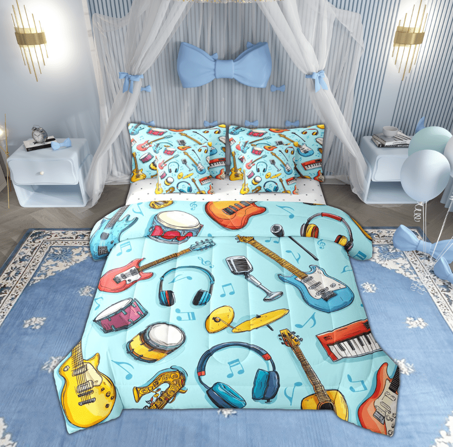 Manfei Kawaii Blue Headphones Bedding Comforter Set 7 Pieces for Kids ...