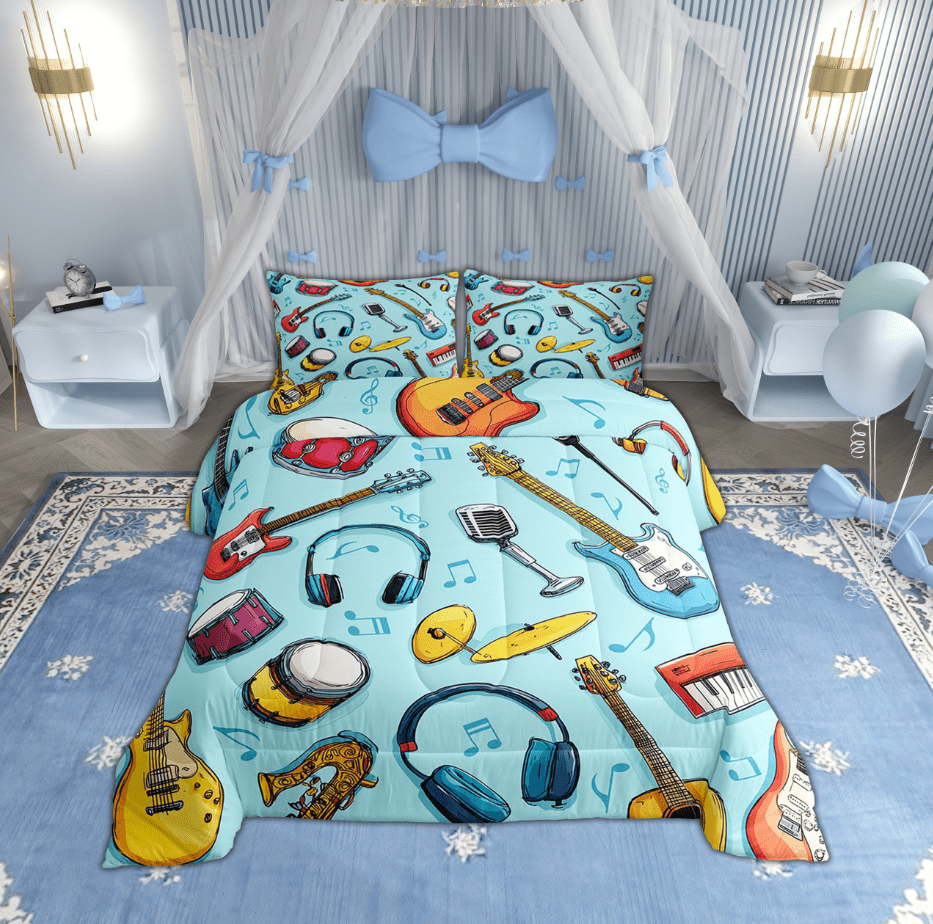 Manfei Kawaii Blue Headphones Bedding Comforter Set for Kids, Cartoon ...