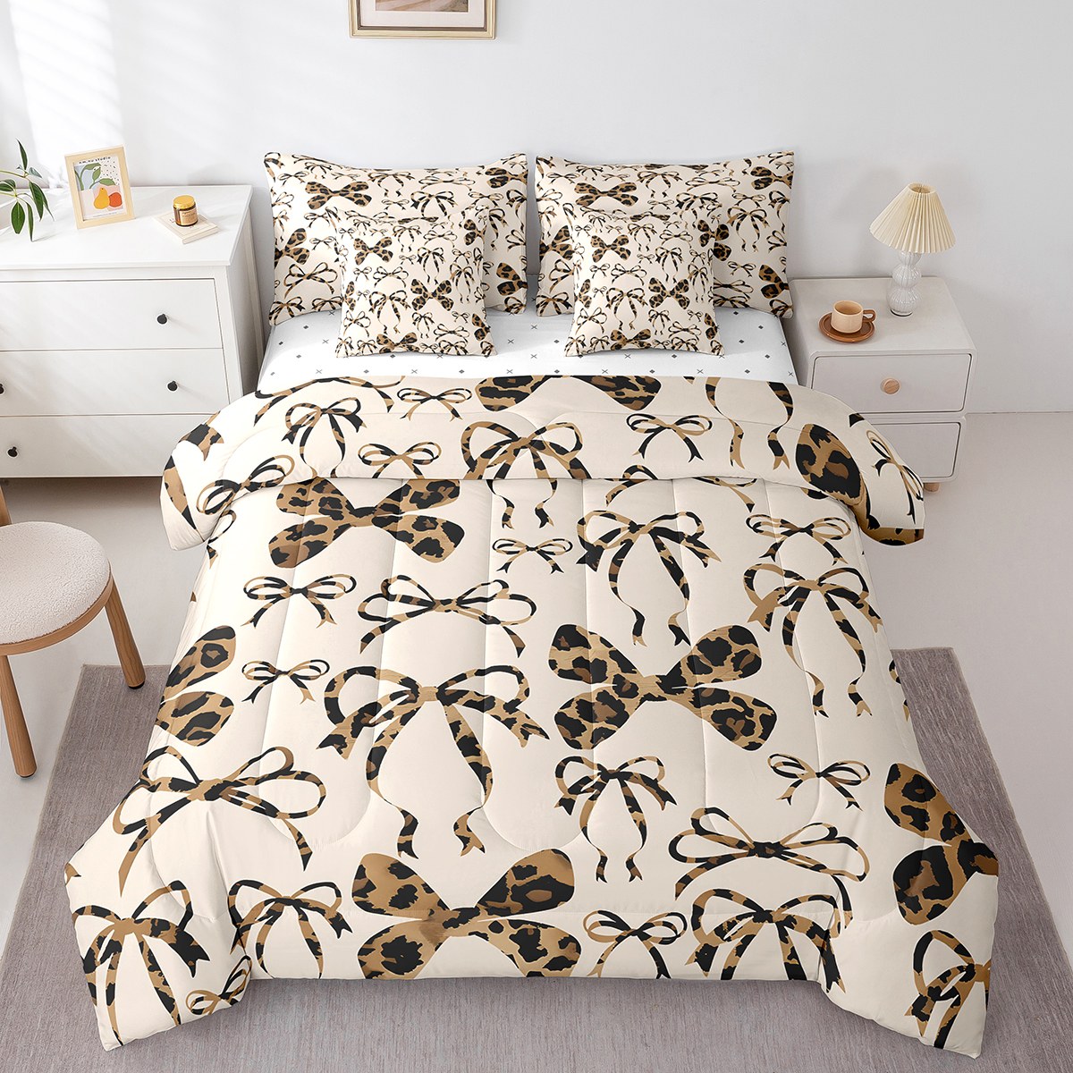 Manfei Kawaii Bow 7pcs Bedding Comforter Set,Animal Print Queen Bedding ...