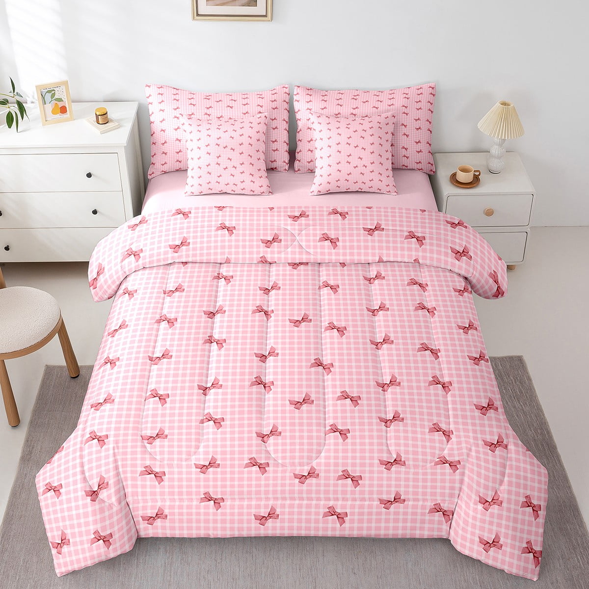 Manfei Kawaii Bow Bed in a Bag Queen Size,Girls Bow Knot Bed Set,Pink ...